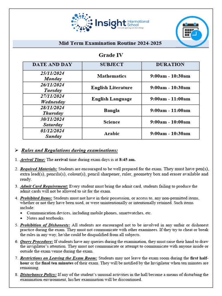 Mid-Term Routine 2024-2025, Gr. IV | PDF