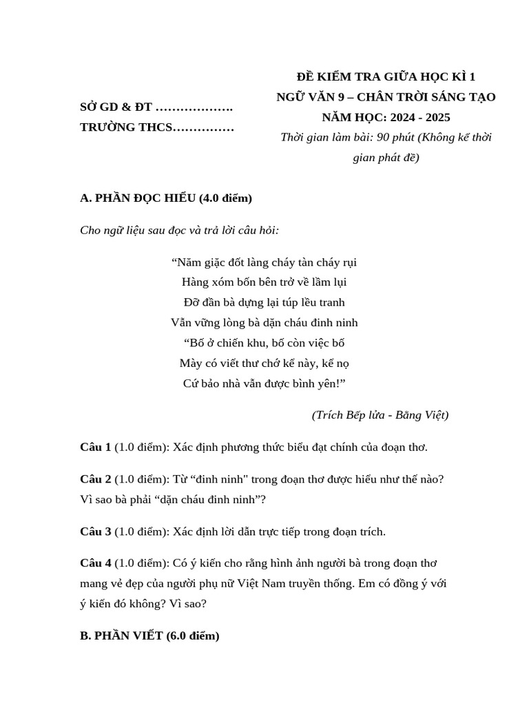 De Thi Giua Hoc Ki 1 Mon Ngu Van 9 Sach Chan Troi Sang Tao | PDF