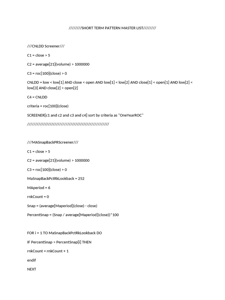 ProRealTime Screener Formulas For Short Term Patterns 2 | PDF