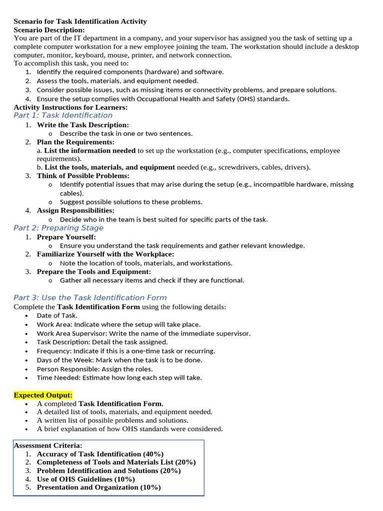Scenario For Task Identification Activity | PDF | Computer Hardware ...