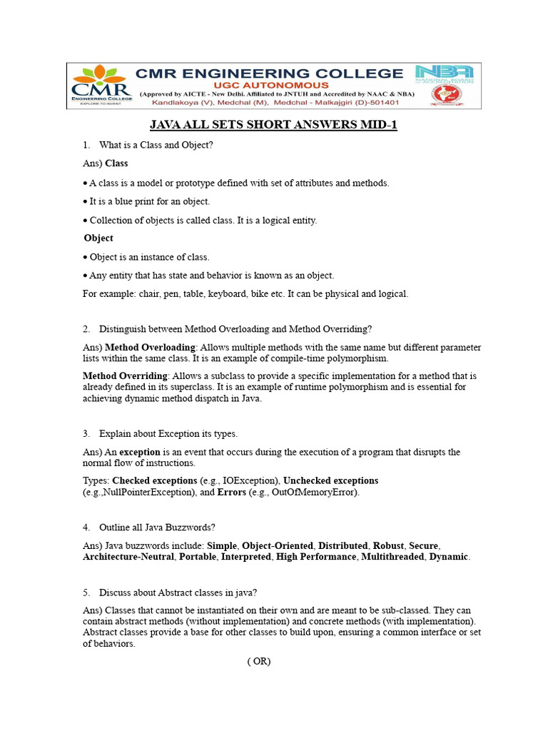 Java All Sets Short Answers Mid Pdf Method Computer Programming Class Computer Programming