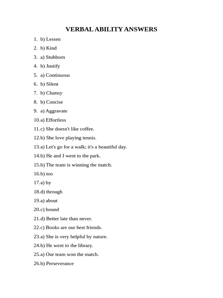 Verbal Ability Test Answers Guide | PDF