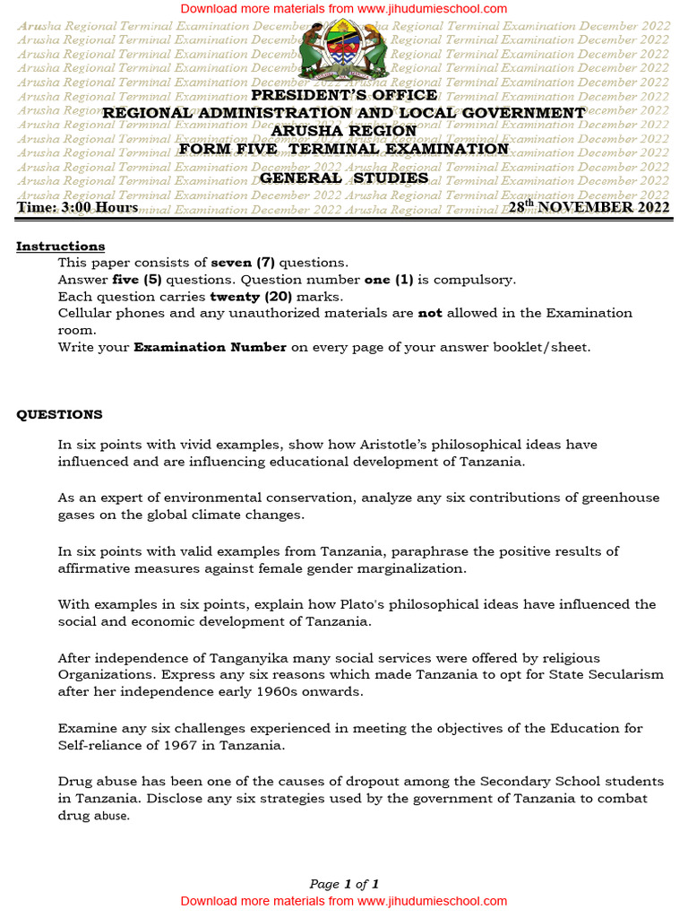 Form Five Exam: General Studies | PDF