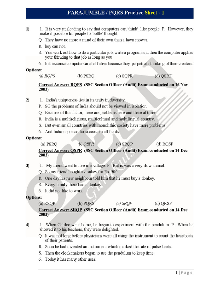 234 PQRS PARAJUMBLE Practice Sheet 01 With Answers COMPLETE | PDF