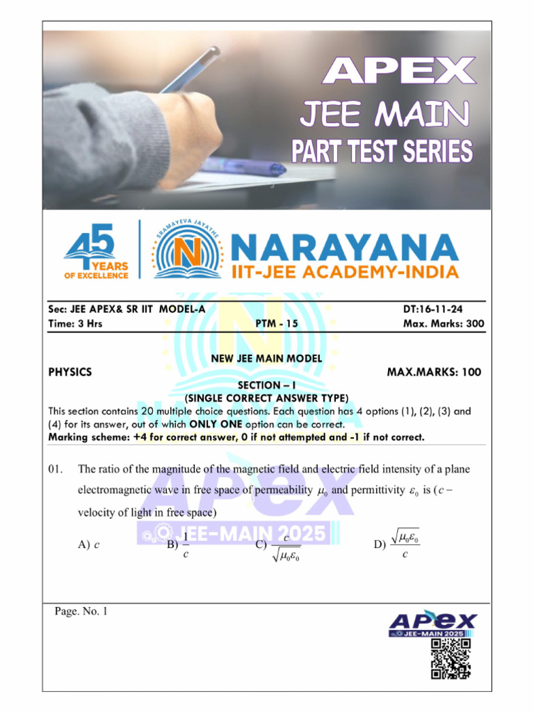 16-11-2024 - SR Iit - Jee Apex - Jee Main Model - ptm-15 - QP Final | PDF