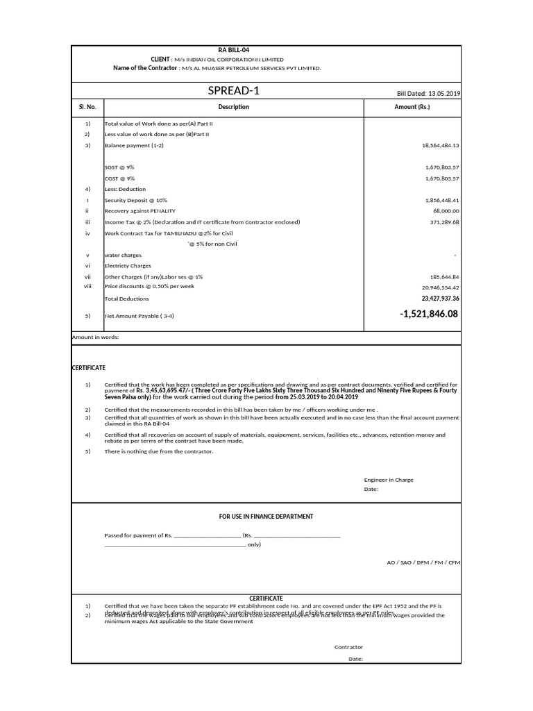 RA Bill 04 Payment Summary 2019 | PDF | Concrete | Pipe (Fluid Conveyance)