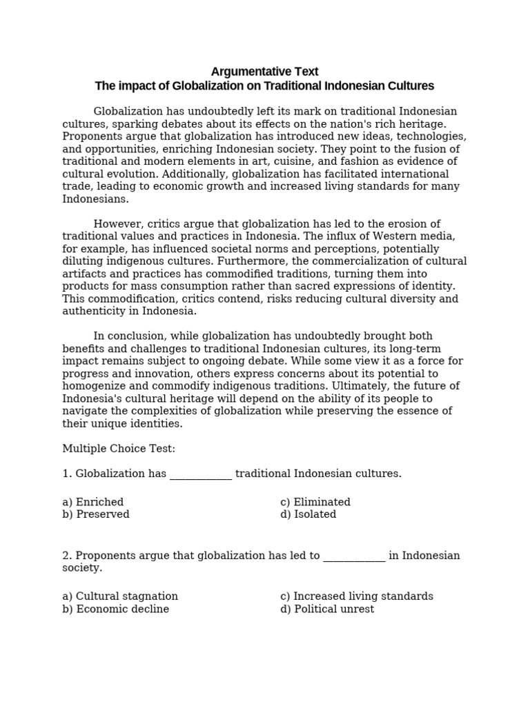 Argumentative Text The Impact of Globalization On Traditional ...