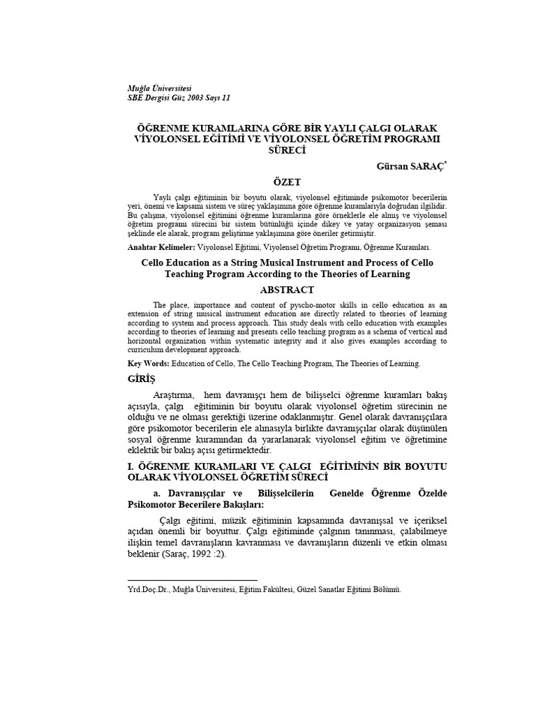 Renme Kuramlar Na G Re Bir Yayl Alg Olarak Viyolonsel E Itimi Ve Viyolonsel Retim Program S Reci ...