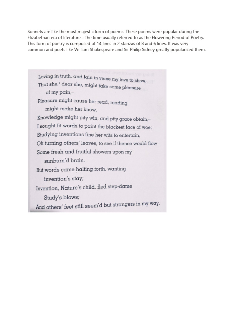 Astrophel and Stella (Sonnet 1 and 2) Summarised | PDF | Poetry | Sonnets