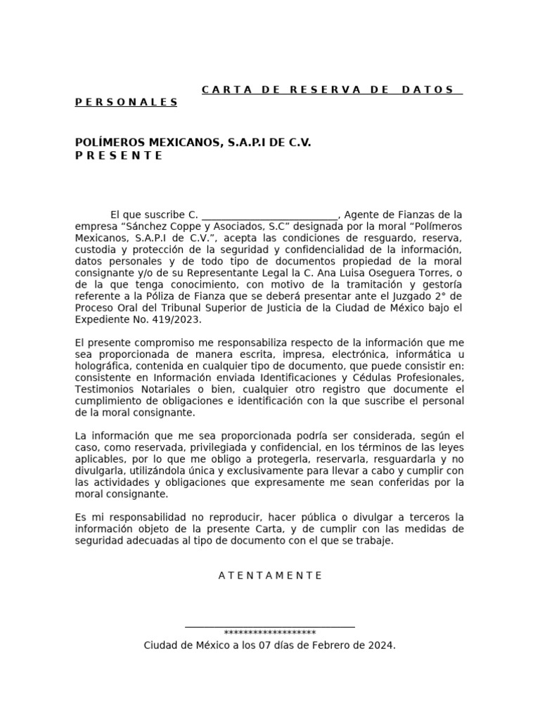Carta de Resguardo de Información | PDF