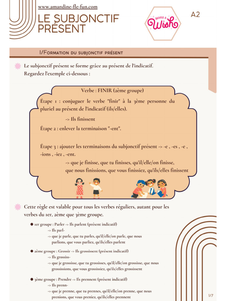 LE SUBJONCTIF PRÉSENT Leçon + Exercices + Corrigés - A2 | PDF