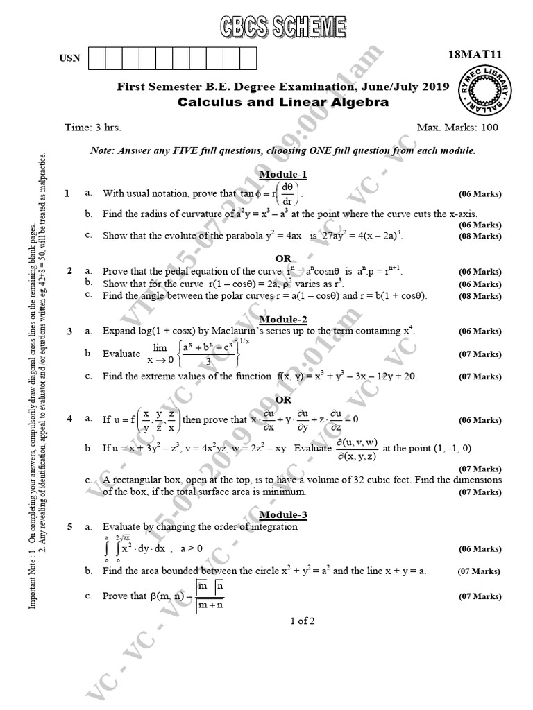 18MAT11 July 2019 | PDF | Eigenvalues And Eigenvectors | Mathematical Objects