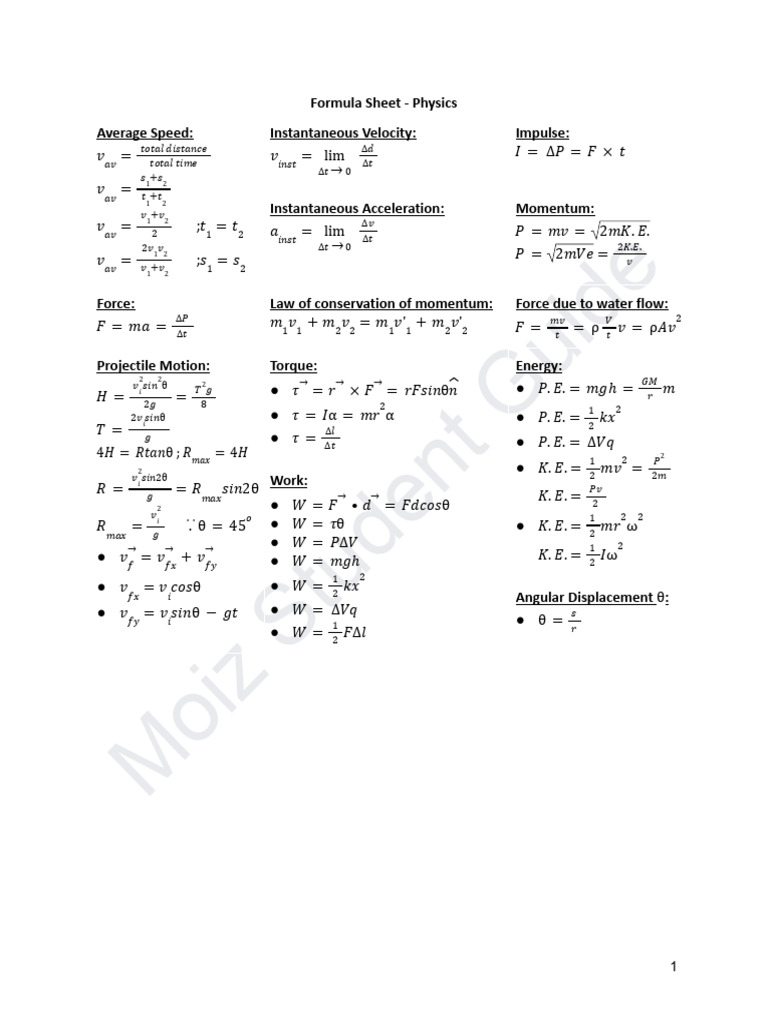 Formula Sheet - Physics | PDF | Motion (Physics) | Electromagnetism