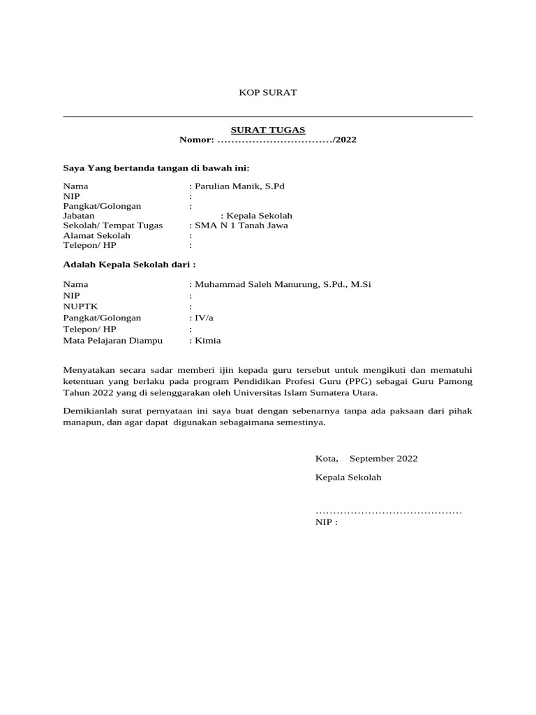 Surat Tugas Kepala Sekolah | PDF
