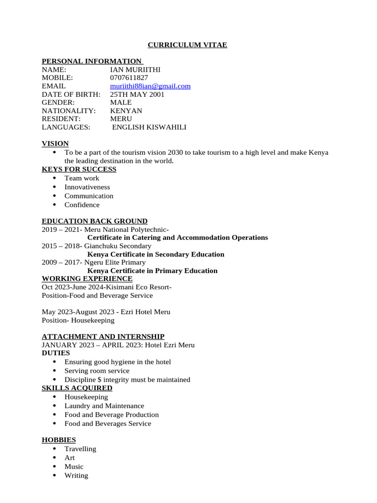 Ian Muriithi's Catering CV | PDF