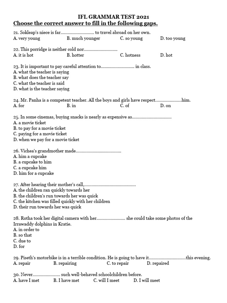 Ifl Grammar Test 2022 (21-30) | PDF