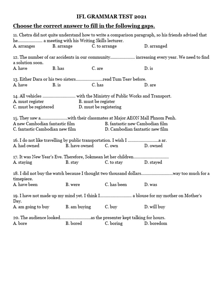 Ifl Grammar Test 2022 (11-20) | PDF
