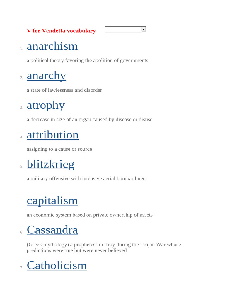 V for Vendetta Vocabulary Guide | PDF | Psychopathy | Protestantism