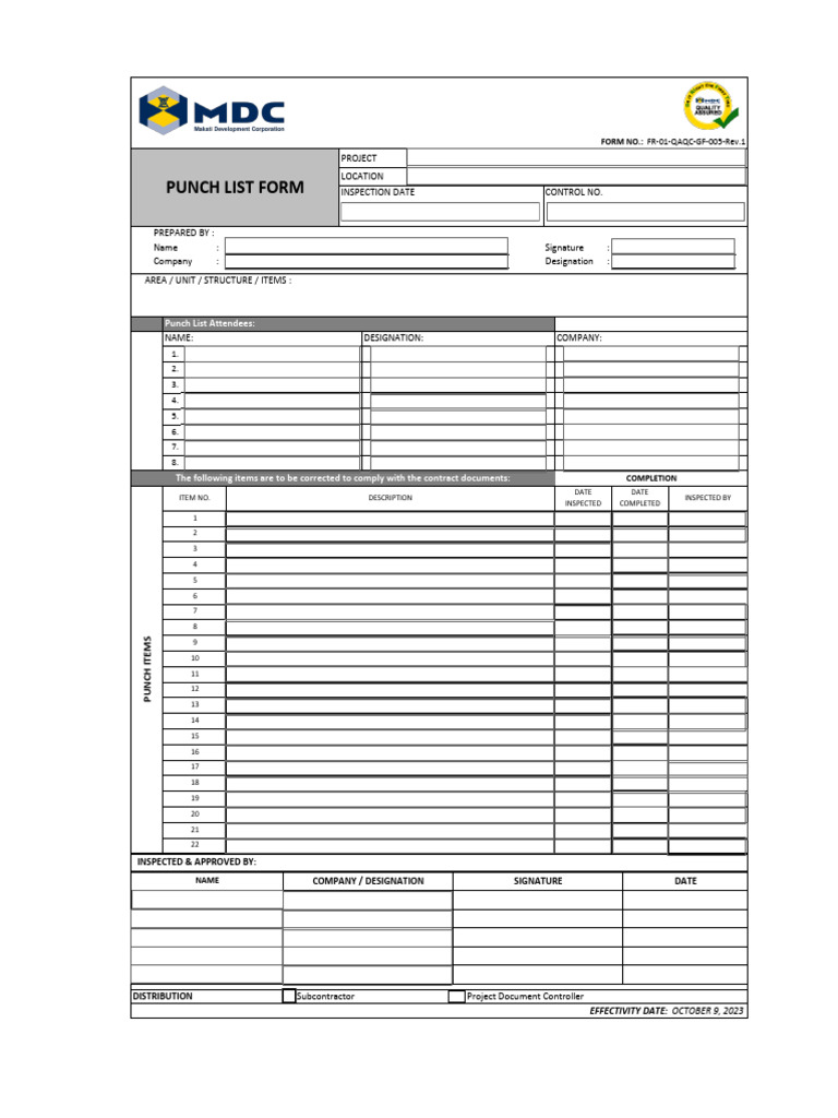 MDC - Punch List Form FR-01-QAQC-GF-005-rev.1 | PDF | Construction Management | Project Management