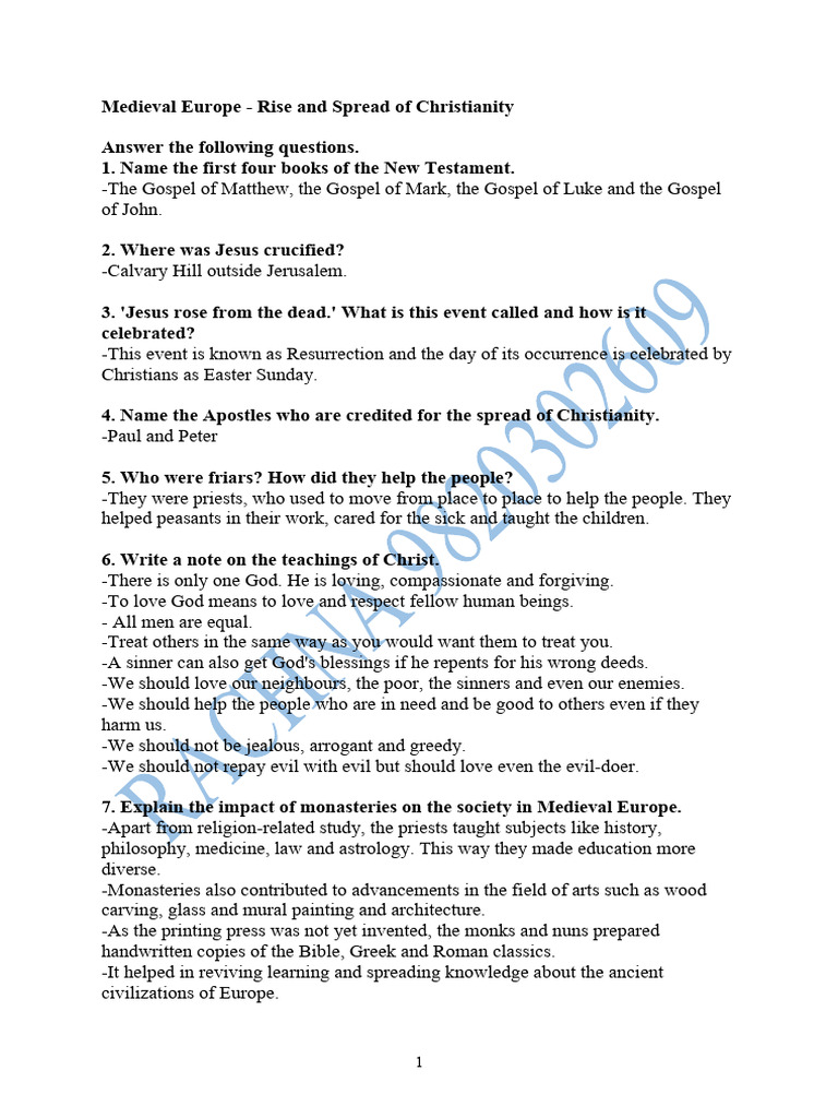 Medieval Europe - Rise of Christianity Qs and Ans | PDF | Byzantine ...