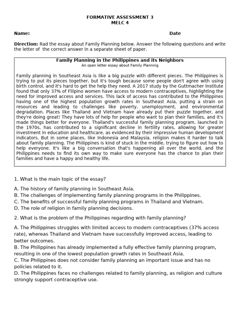 Q2 Melc 4 Fa 3 | PDF | Family Planning | Telephone