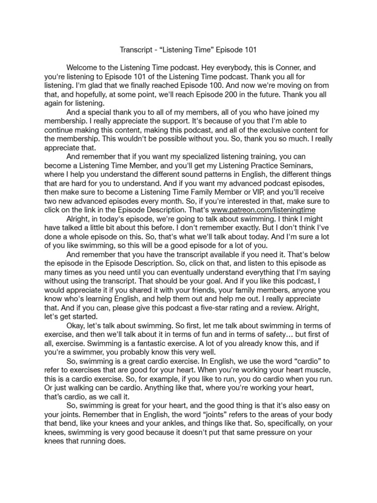 Episode 101 Transcript - Listening Time | PDF | Swimming