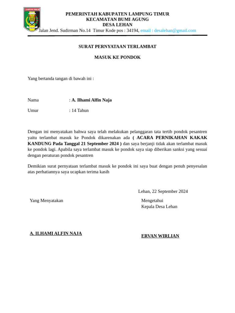 Surat Pernyataan Terlambat Masuk Ke Pondok | PDF