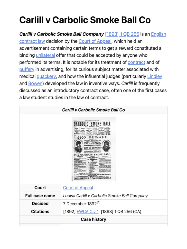 Carlill v Carbolic Smoke Ball Case | PDF | Justice | Crime & Violence