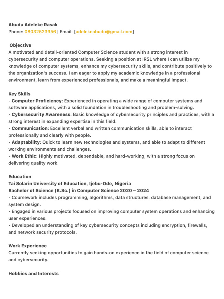 Abudu Adeleke Rasak CV PDF | PDF