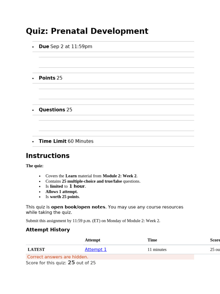 Week 2 - Quiz - Prenatal Development | PDF | Prenatal Development ...