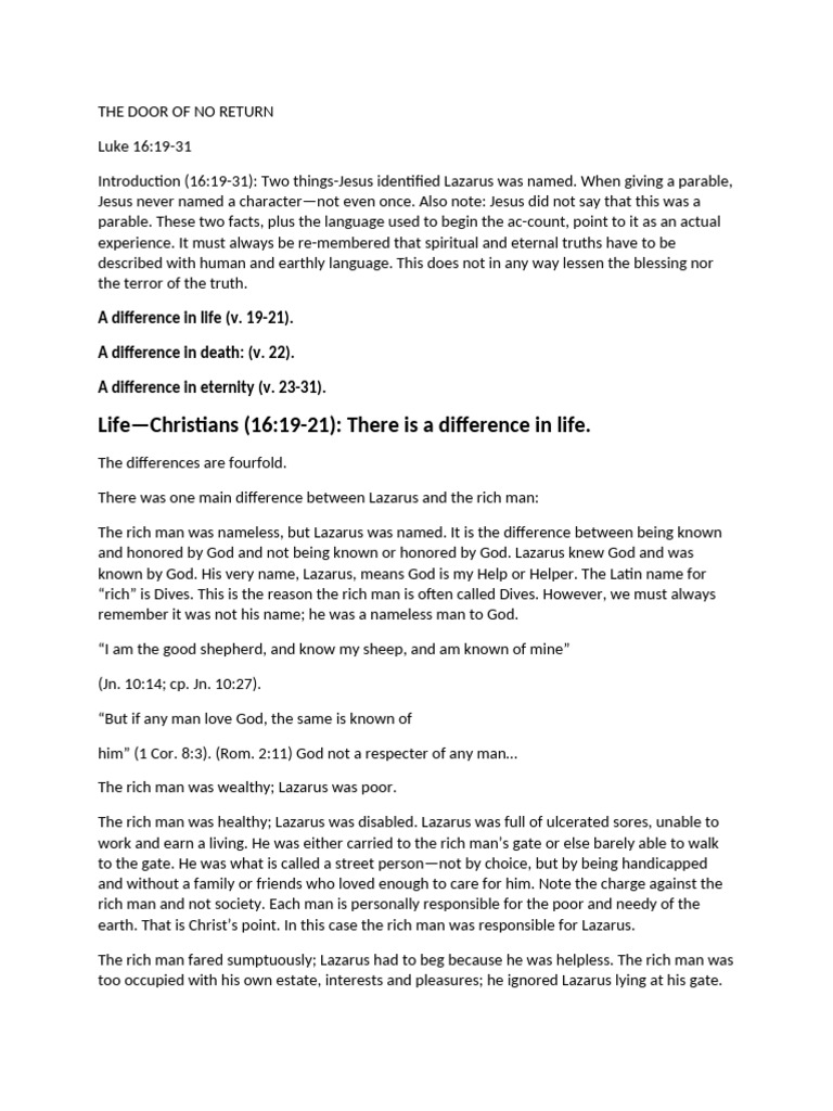The Door of No Return: Lazarus vs. Dives | PDF | Eternal Life ...