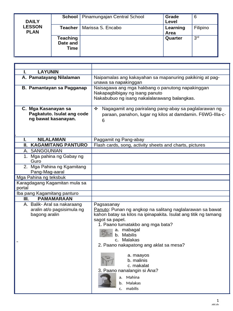 Lesson Plan Sa Filipino (Pang-Abay) | PDF