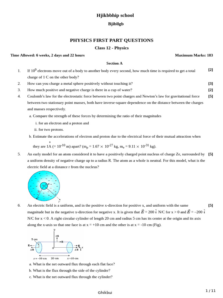 Class 12 Physics Electrostatics Questions | PDF | Electric Field ...