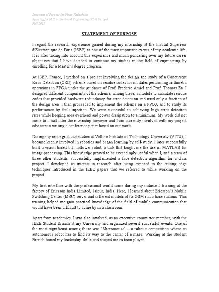 SOP Sample | Master Of Science | Robotics