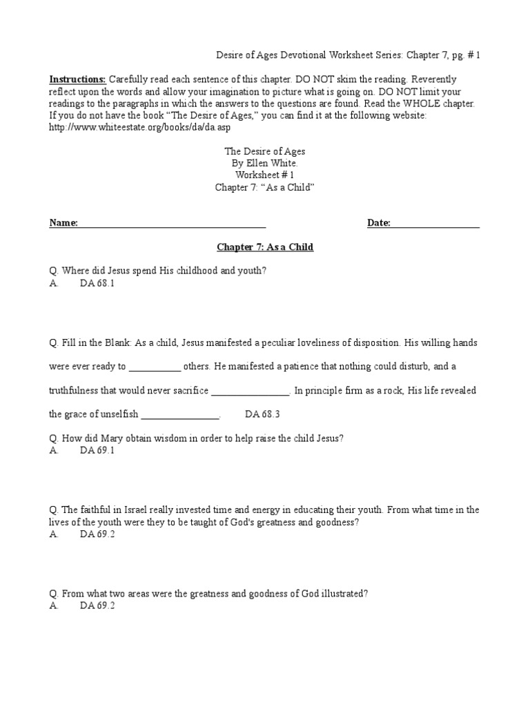 Chapter 7 As A Child Question Sheet | PDF | Jesus | God The Father