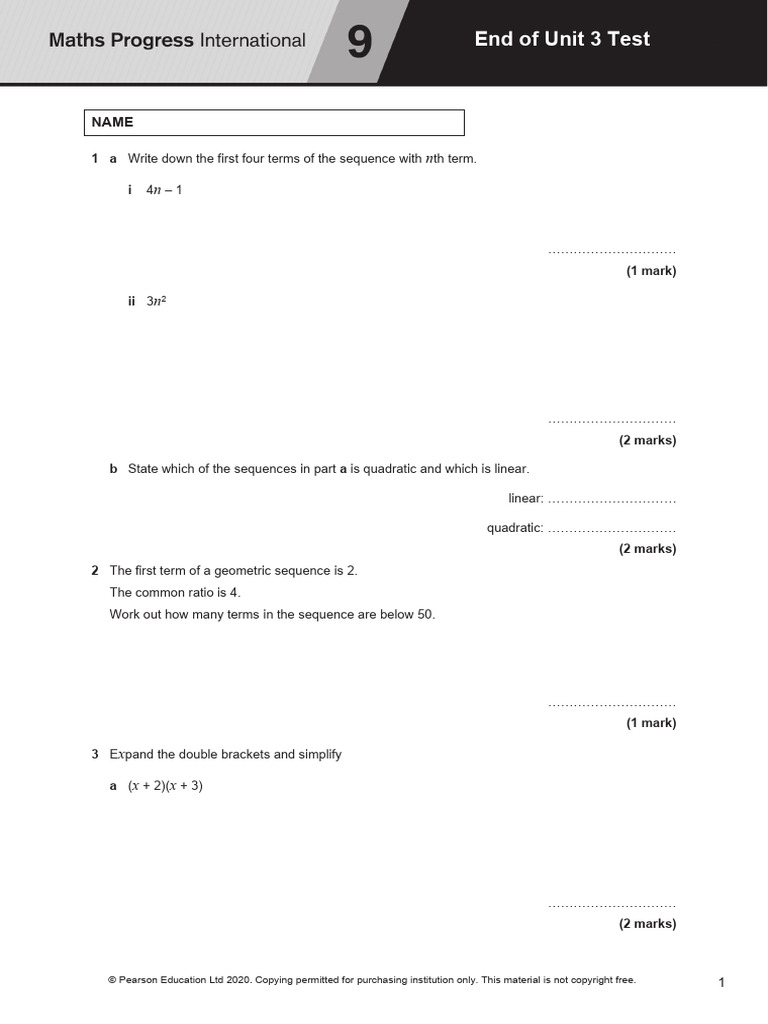 Mathsprog Int Pa Y9 U03 Test | PDF | Mathematics