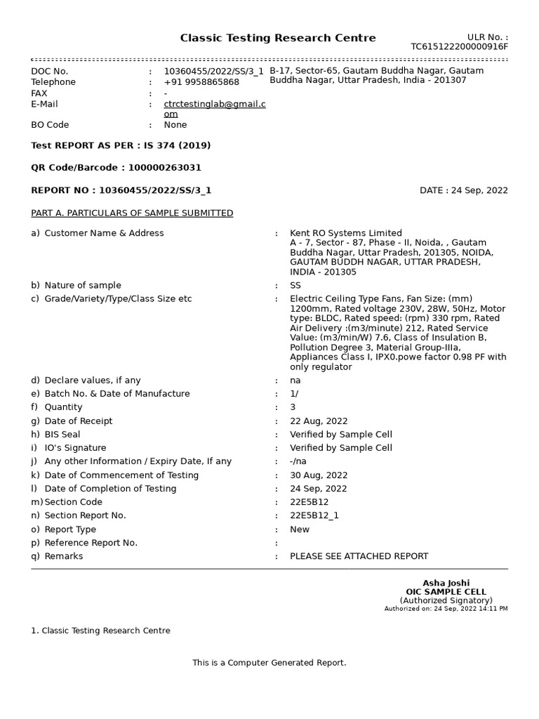 Classic Test Report Prima A0 For Bis Sep22 | PDF | Insulator ...