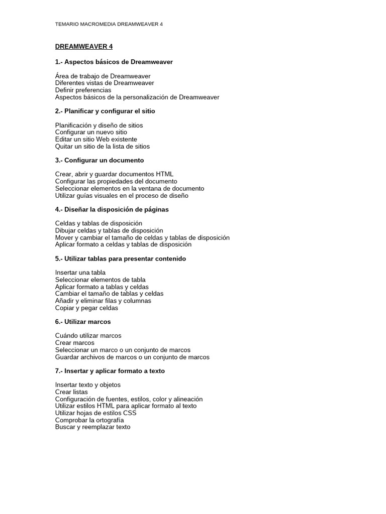 Temario de Macromedia Dreamweaver 4 | PDF | Adobe Dreamweaver | Adobe Flash