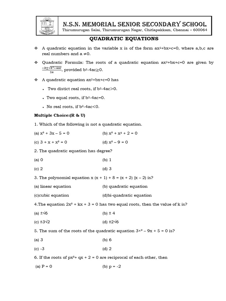 QB Quadratic Equations | PDF | Quadratic Equation | Algebra