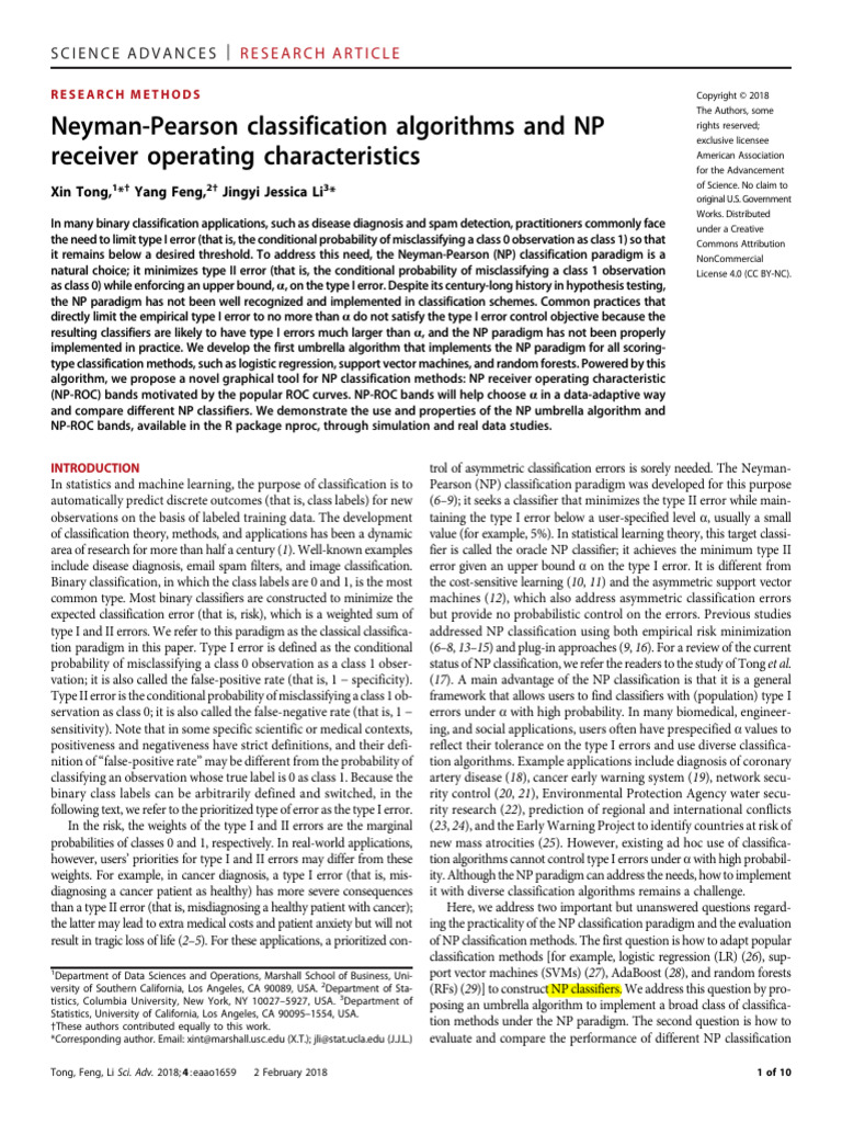 Neyman-Pearson Classification Algorithms | PDF | Statistical Classification | Receiver Operating ...