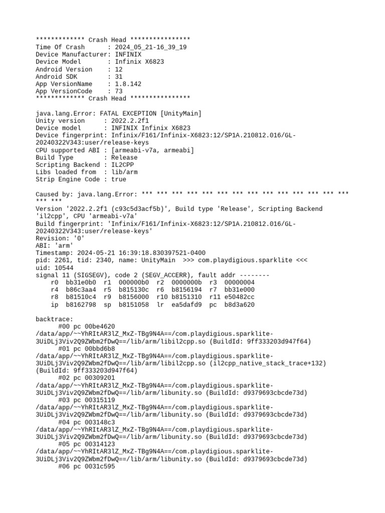 Unity Crash Log for Developers | PDF | Computing | Embedded Linux Distributions