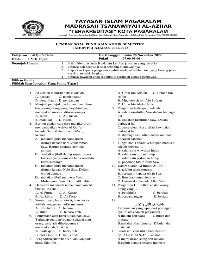 SOAL AQIDAH A KELAS 9 SMTR 1 Selesai | PDF