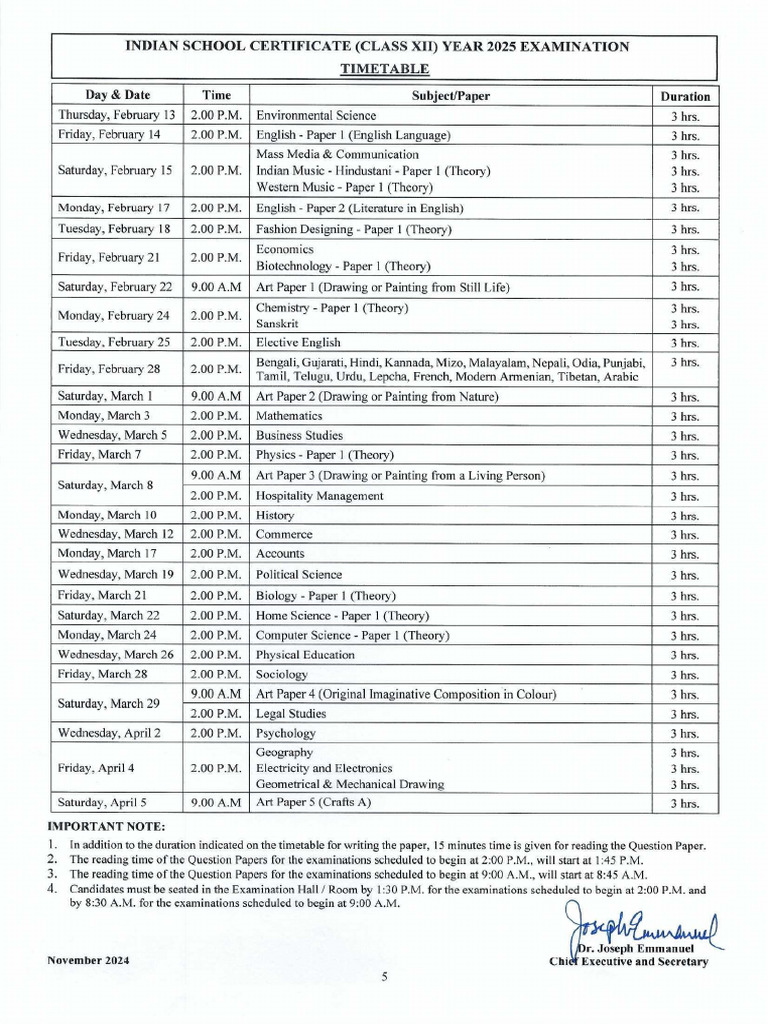 CISCE Class12th ISC Timetable With Instructions | PDF