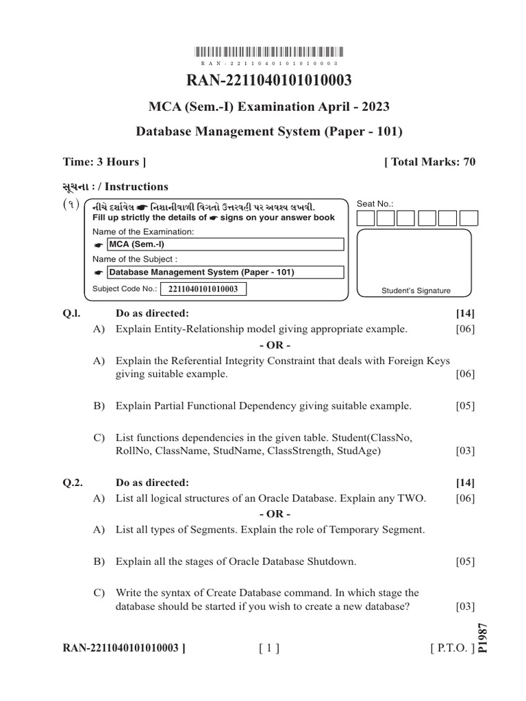 MCA (Sem.-I) Examination April - 2023 Database Management System (Paper - 101) | PDF | Databases ...