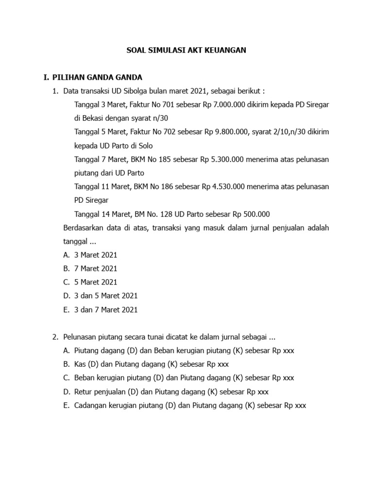 Soal Simulasi Akt Keuangan (Siswa) | PDF