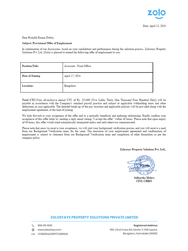Zolostays Employment Offer for Rishabh Dubey | PDF | Consent | Business