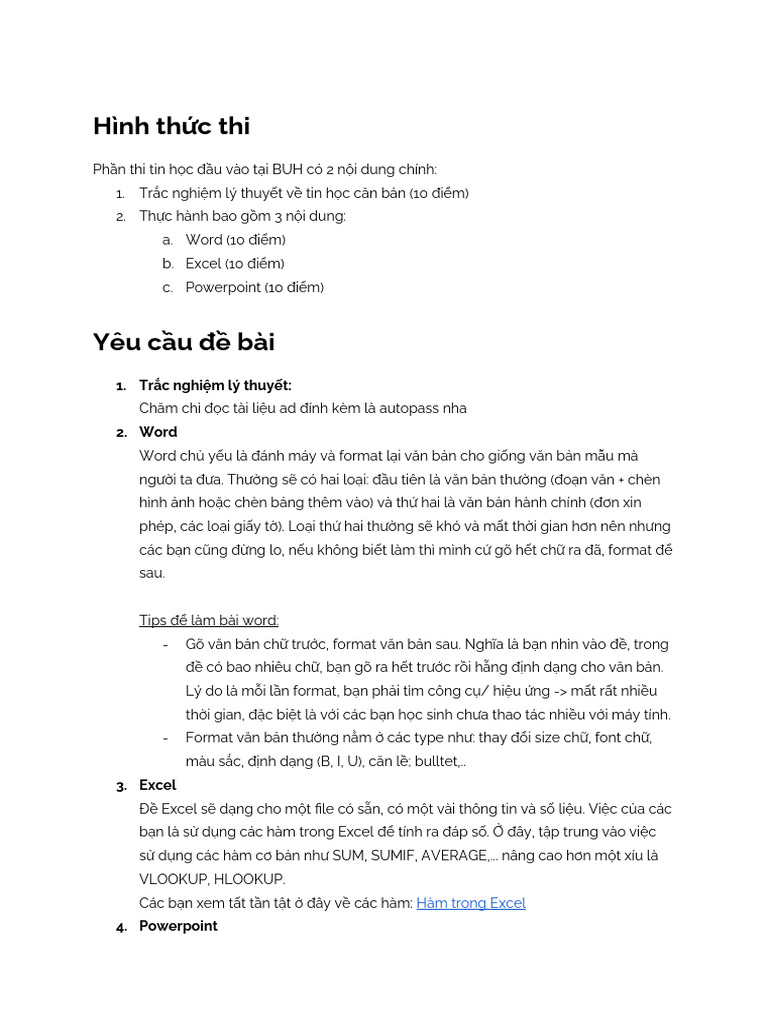Format thi Tin học đầu vào tại BUH | PDF