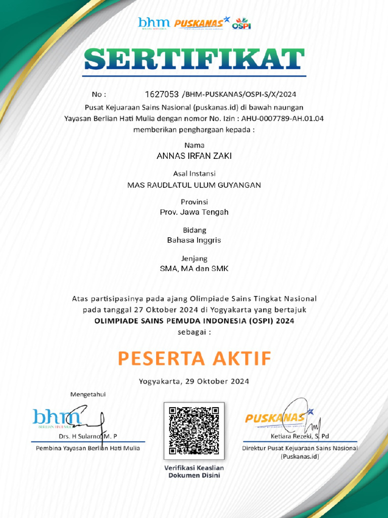 Cert - Bahasa Inggris - OSPI 2024 | PDF