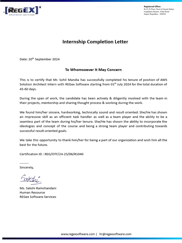 Internship Completion Letter - Sohil Mandia | PDF