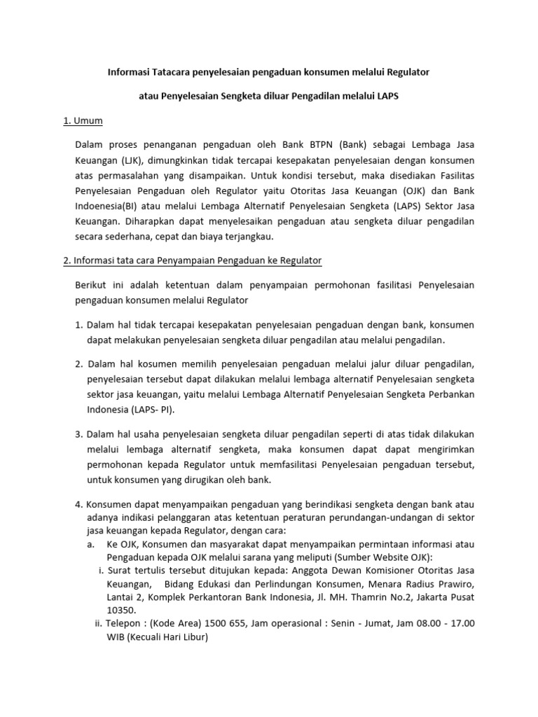 Informasi Tatacara Penyelesaian Pengaduan Konsumen Melalui Regulator Atau Melalui Laps - 032018 ...